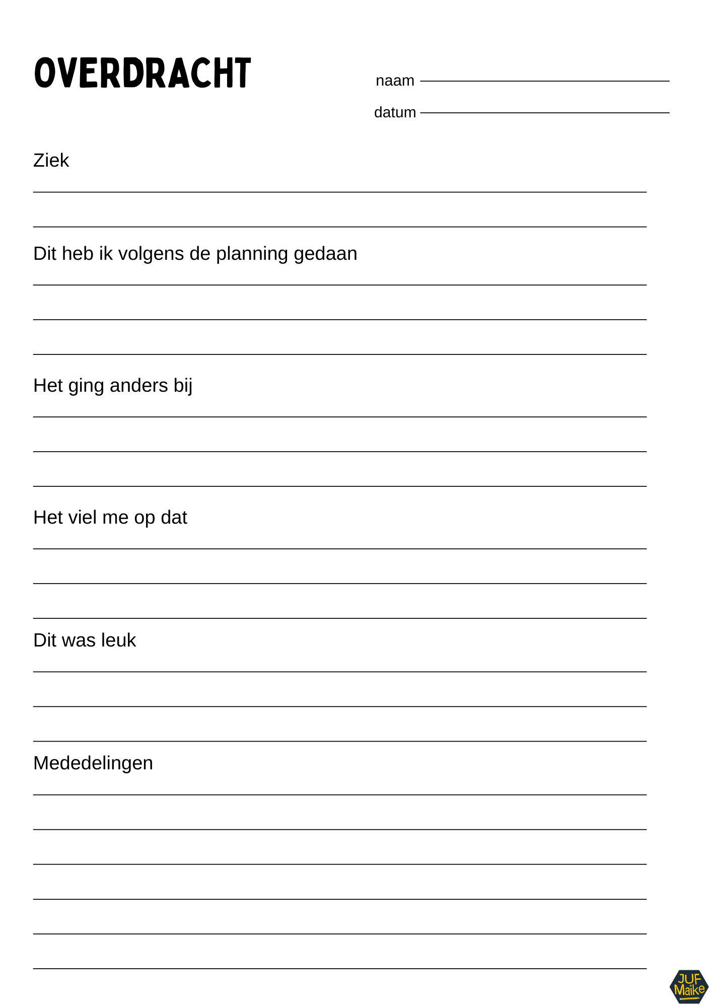 Overdrachtsformulier groep basisschool inval - Juf Maike